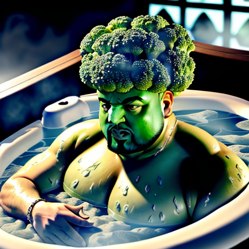 DreamShaper prompt: broccoli man chilling in a hot tub w...