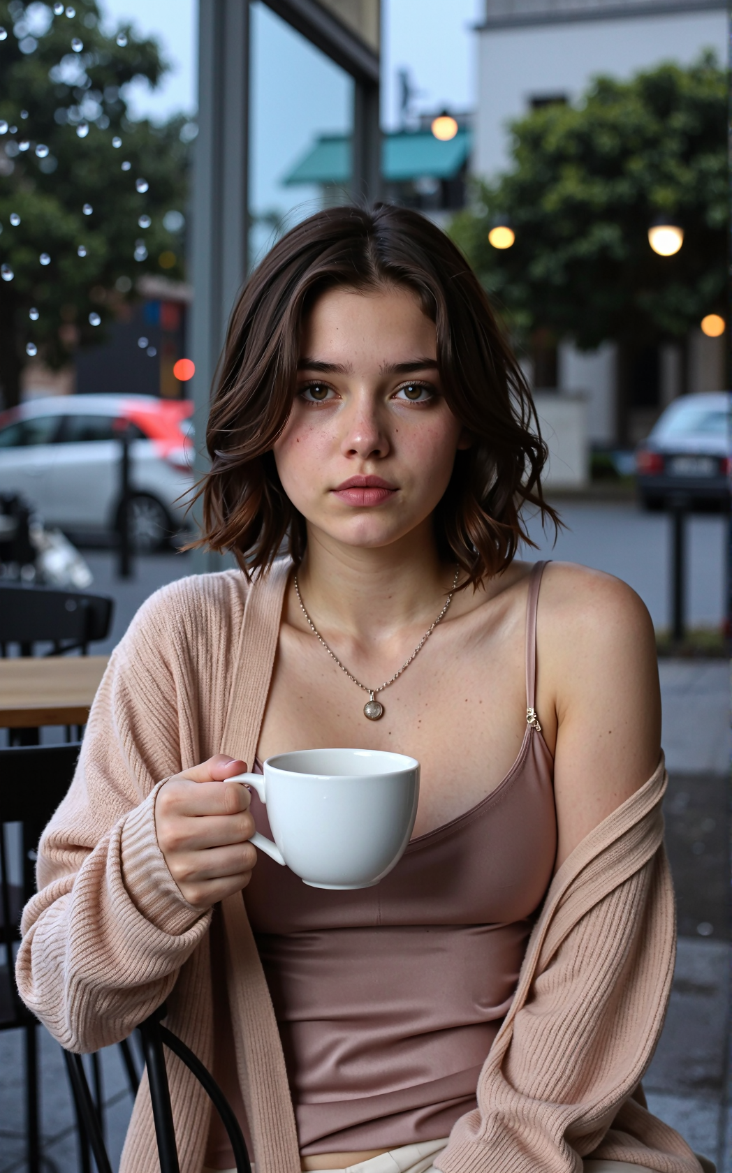 GonzaLomo DMD prompt: Rain beads down the caf window as ...