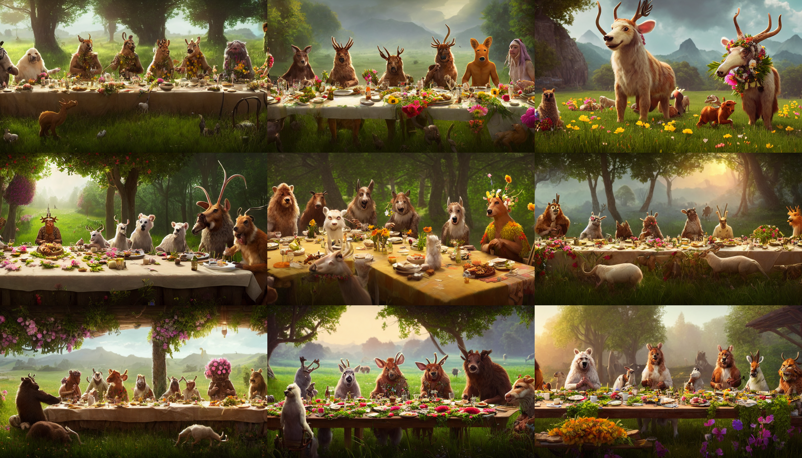 Stable Diffusion prompt: a table dinner of animals where ...
