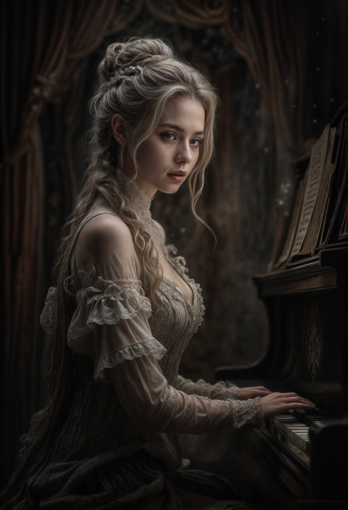 Stable Diffusion prompt: A woman in a historical dress i...
