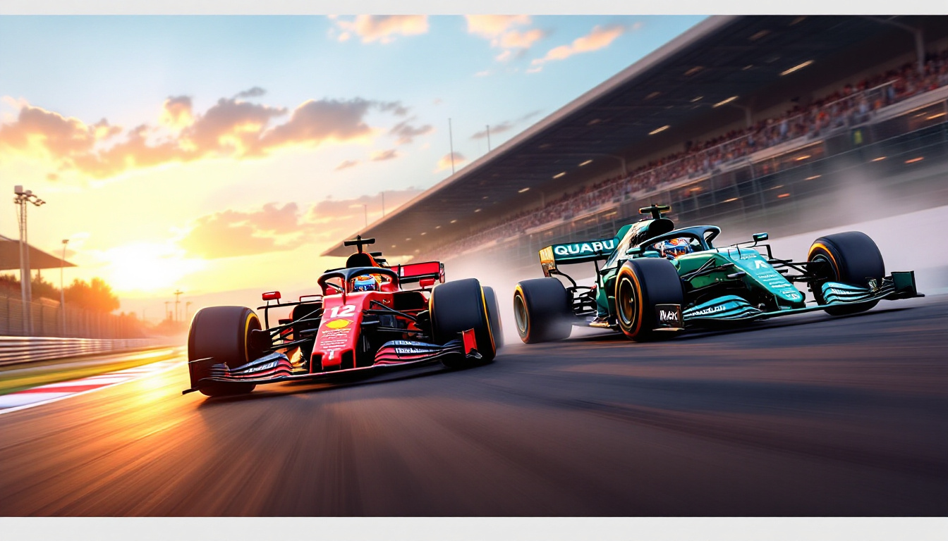 FLUX prompt: create an image of 2 f1 cars, both with part...