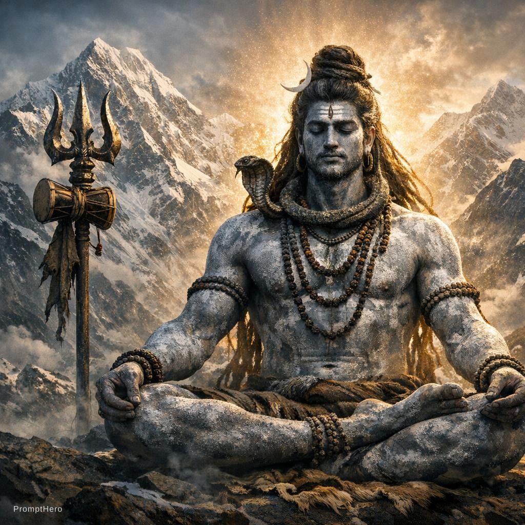 ChatGPT Image prompt: Mahadev sitting in deep meditation,...