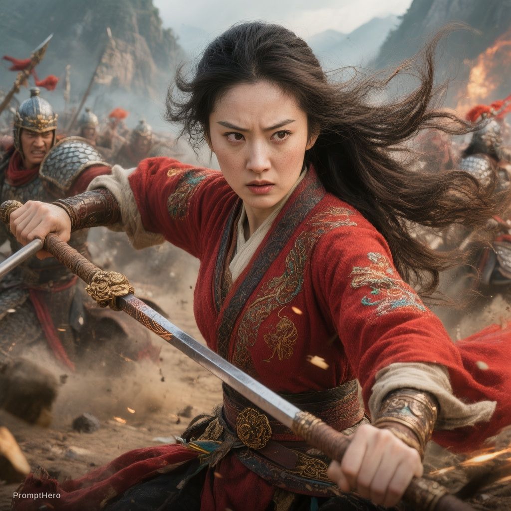Hero prompt: Mulan, traditional Chinese attire, battle sc...