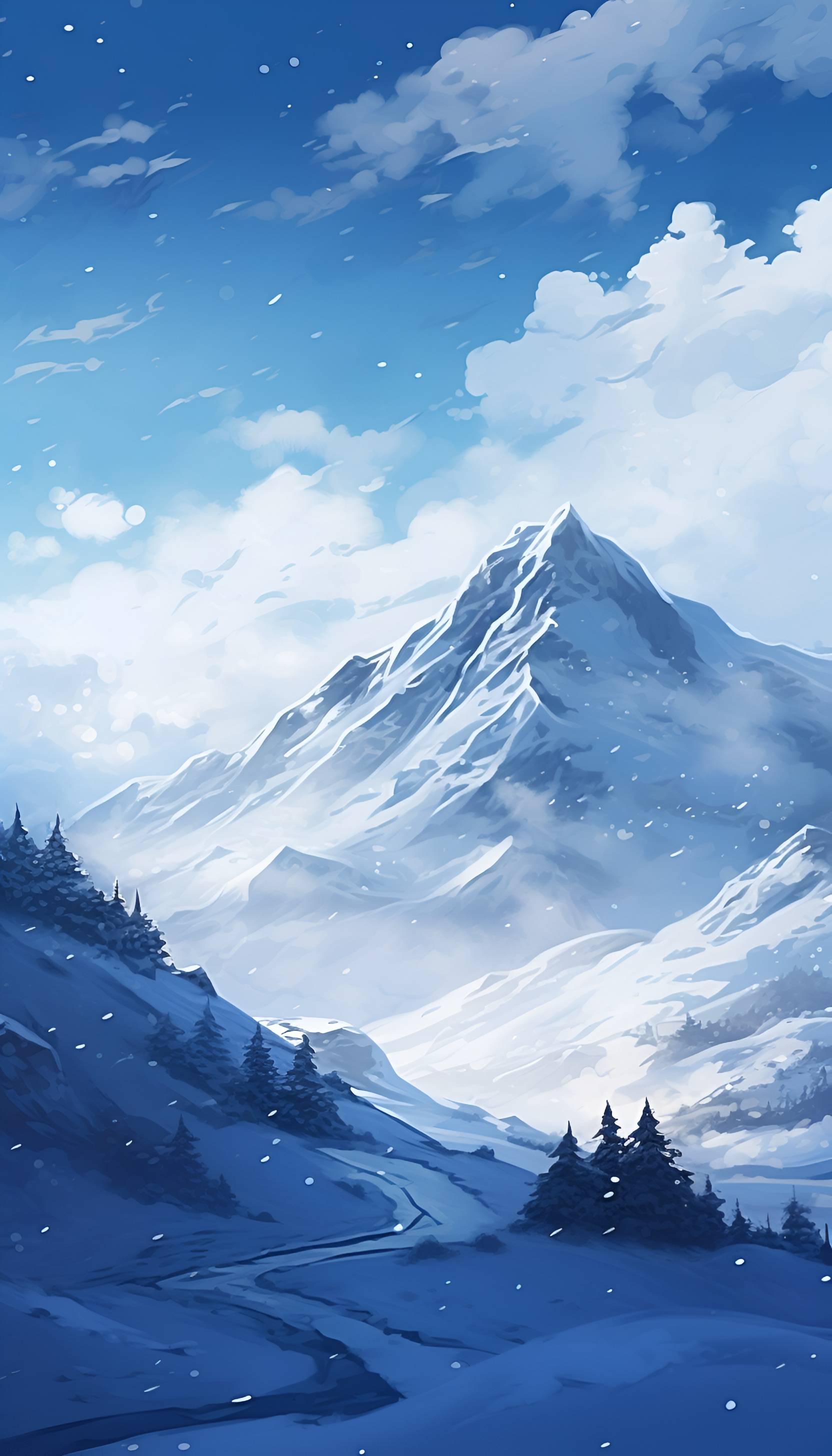 Midjourney prompt: Illustration of Winter snowfall in a m...