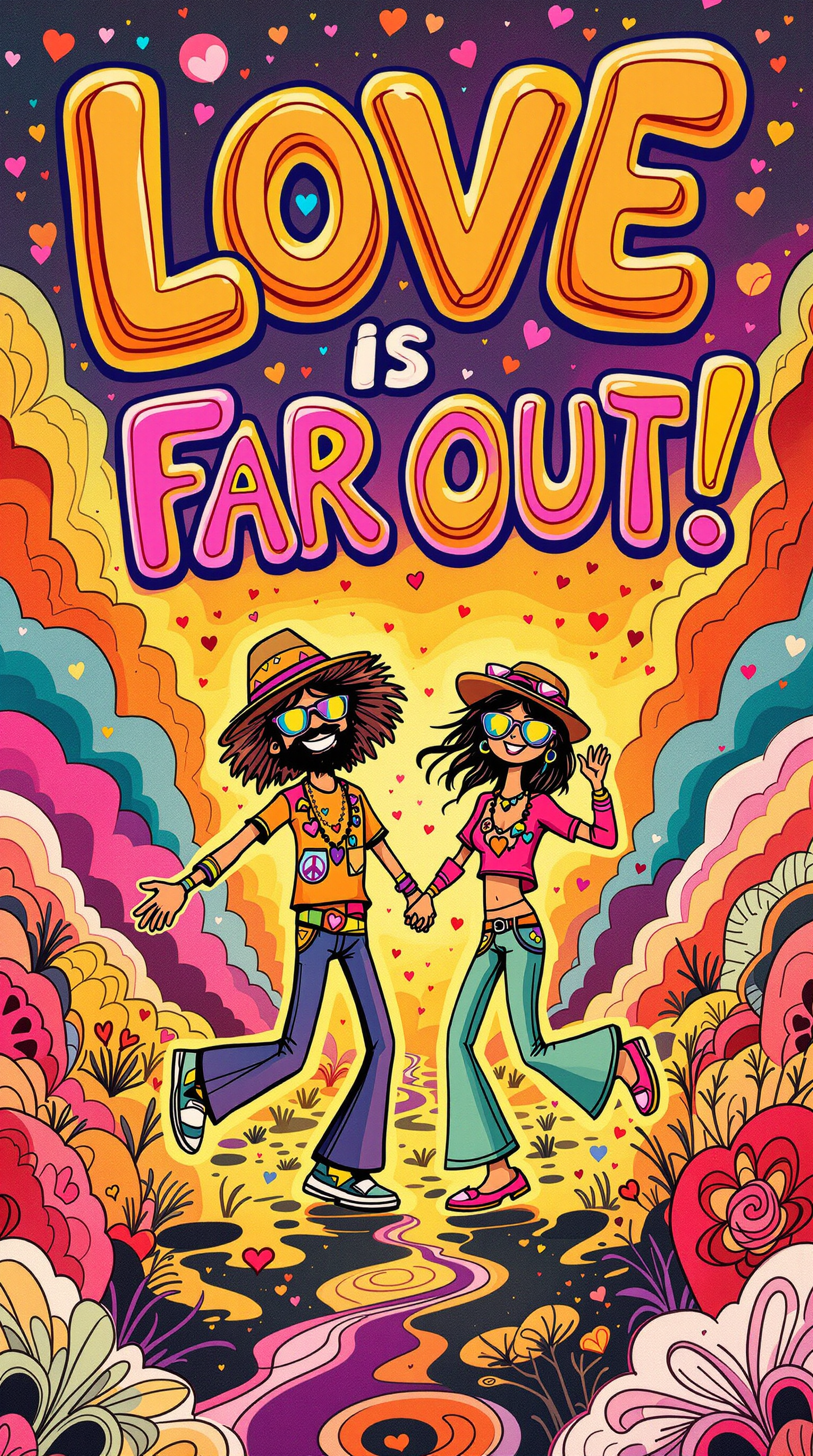 FLUX prompt: A vibrant, psychedelic 1970s Valentine’s Day...