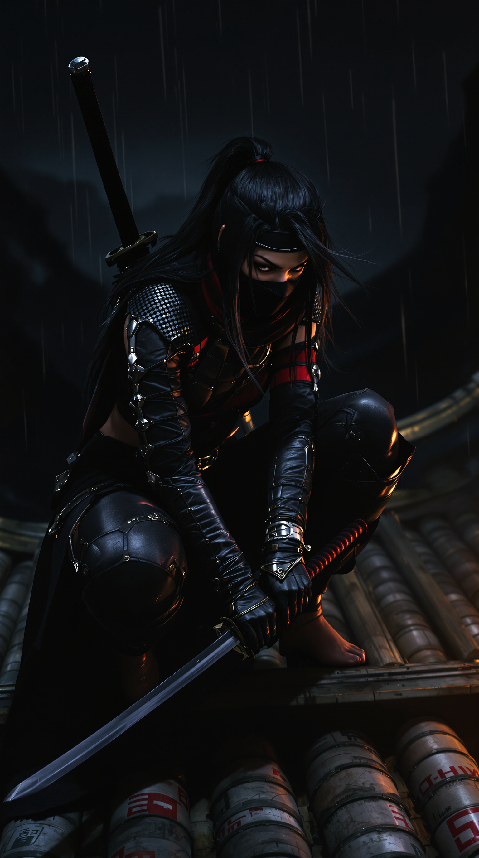 FLUX prompt: Full body view of Female shinobi looking dow...