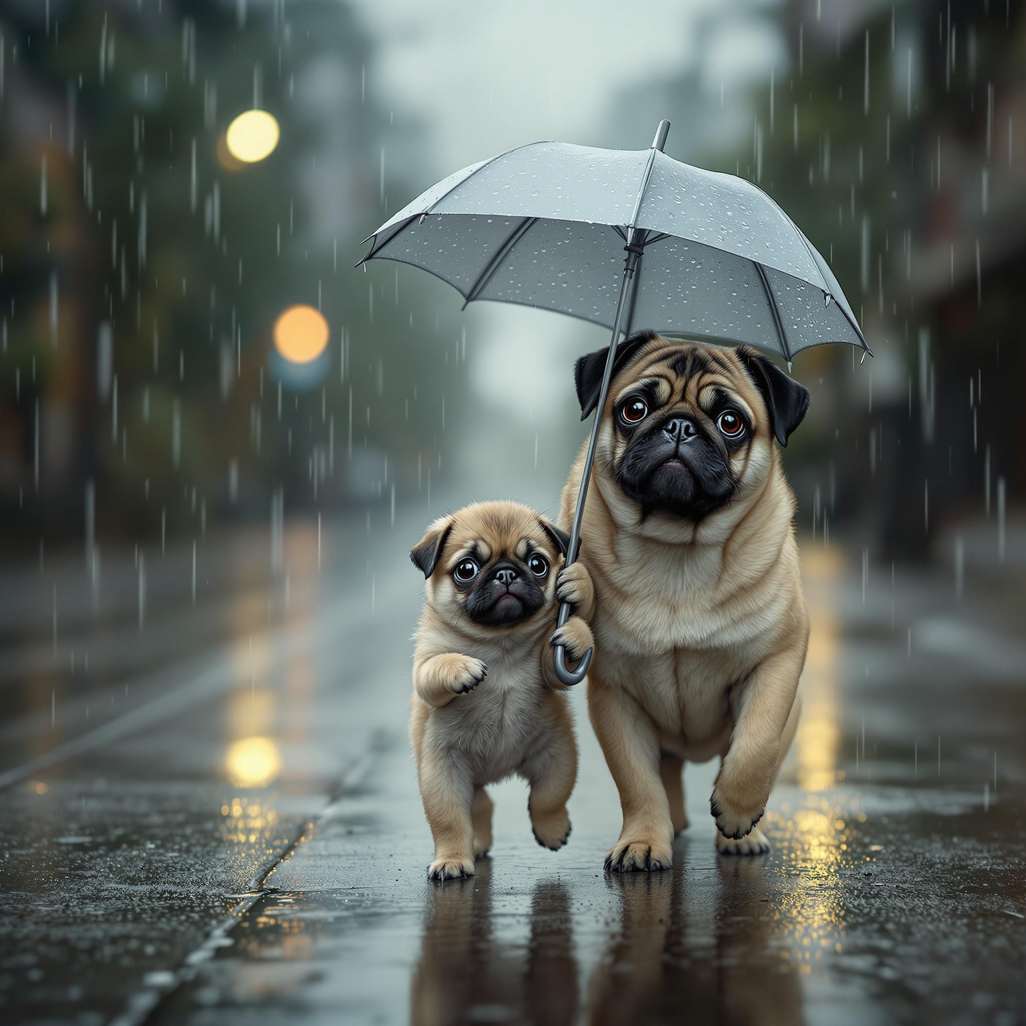 FLUX prompt: Realistic image of a small, pug puppies walk...