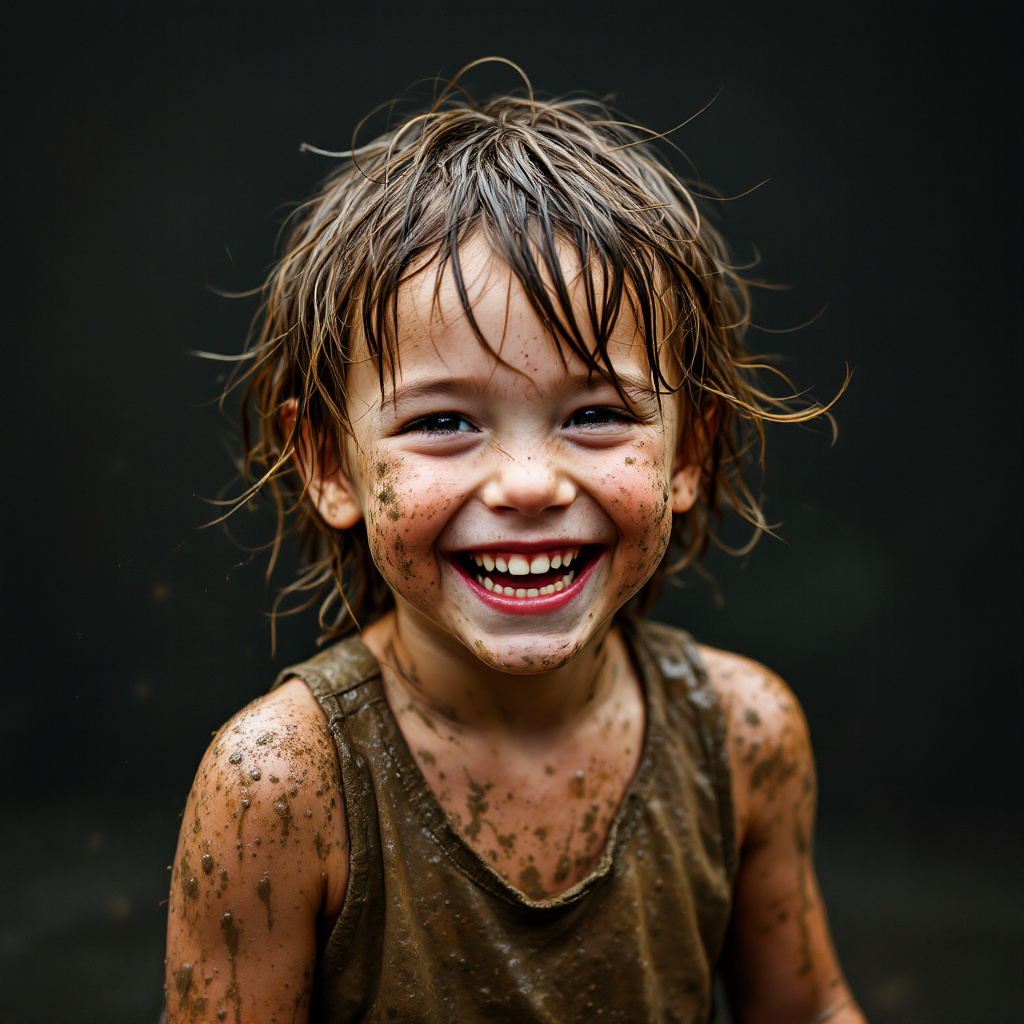 FLUX prompt: A joyful child with a wide smile, covered in...