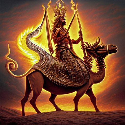 Openjourney prompt: King Paimon riding through hell on a ...