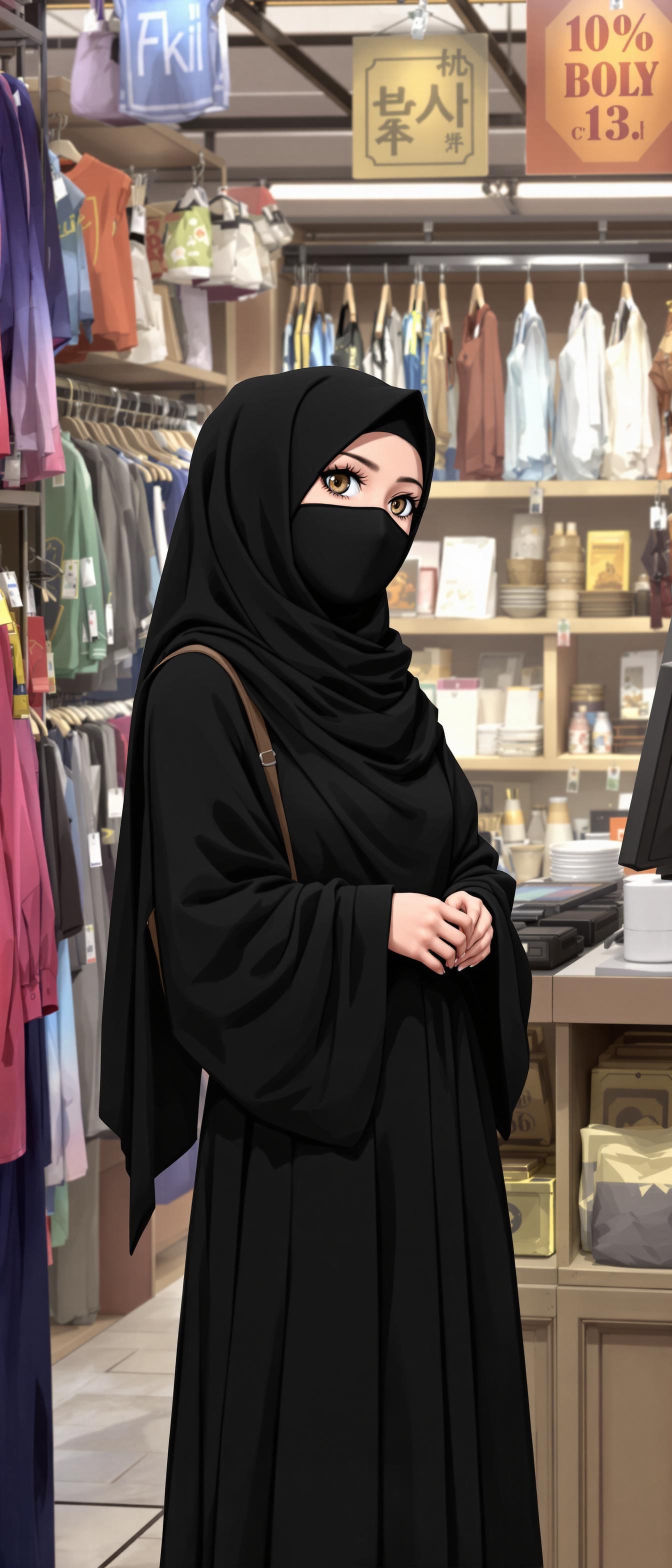 FLUX prompt: anime of a girl, wearing a black hijab with ...