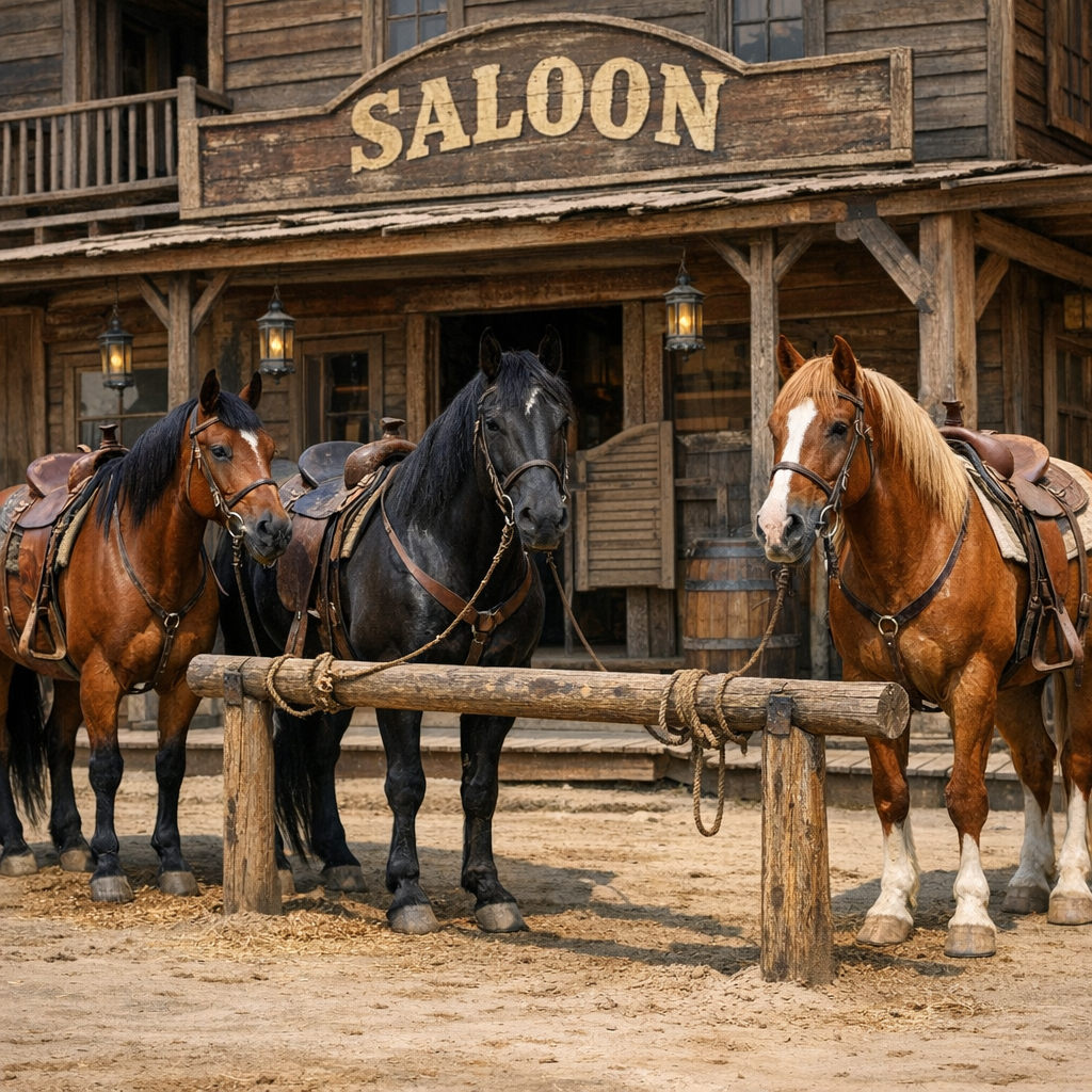 ChatGPT Image prompt: Outside an old West saloon, there a...