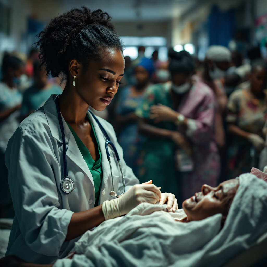 FLUX prompt: An African female medical doctor at an overc...