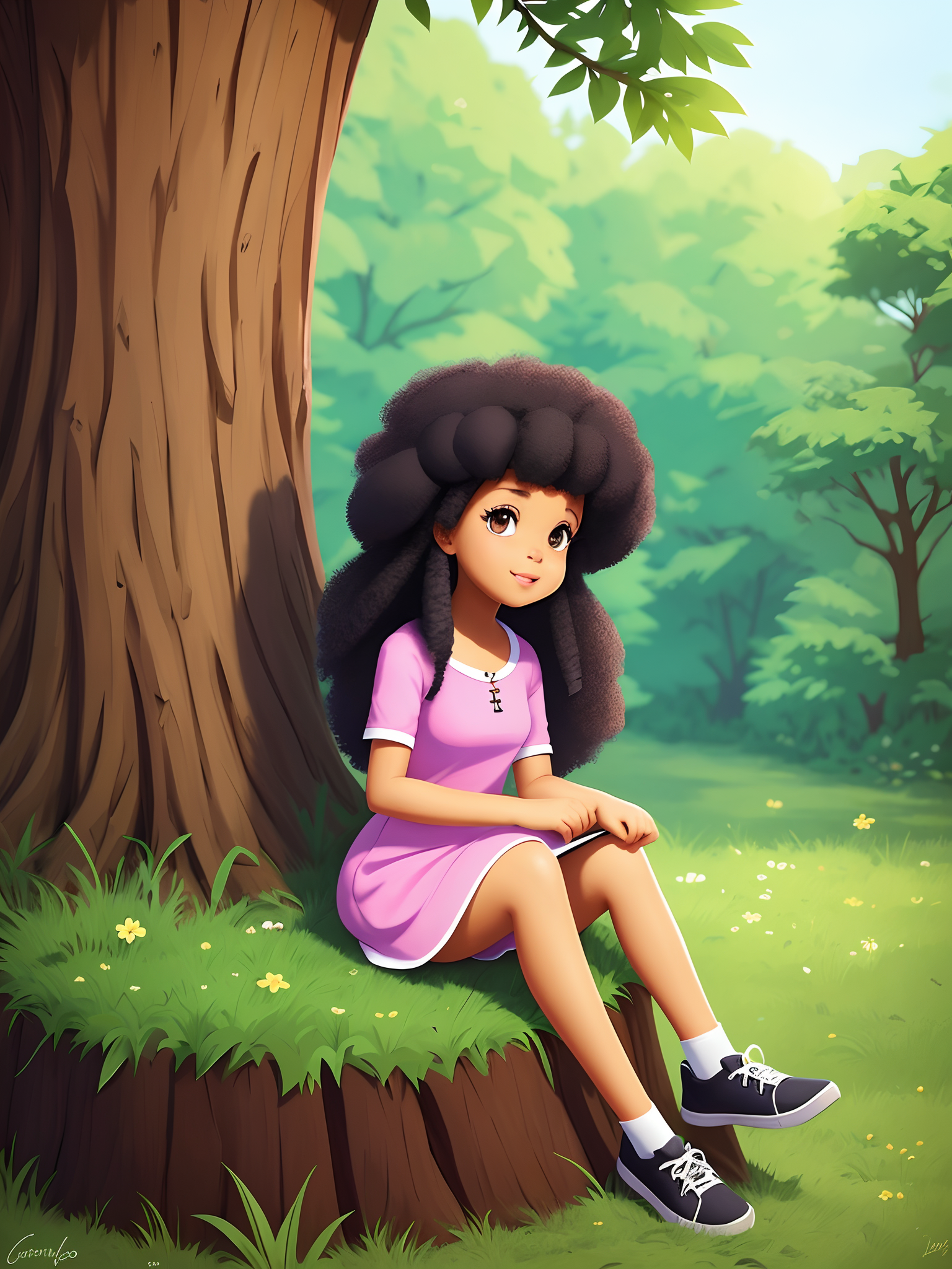 Deliberate prompt: Cartoon girl with big hair sits on a s...
