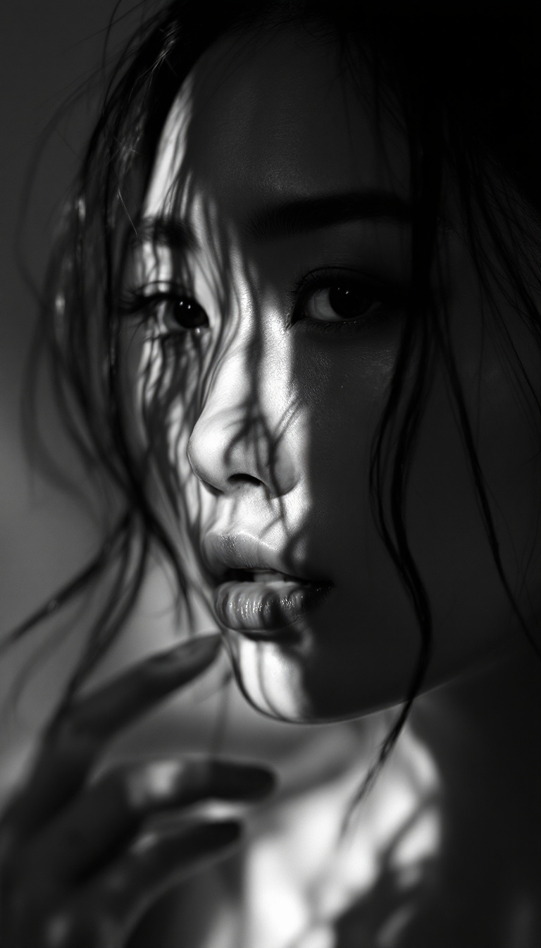 FLUX prompt: a black and white photo of a chinese woman w...