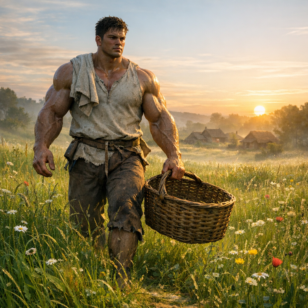 ChatGPT Image prompt: Strong young village boy (Hulk-like...
