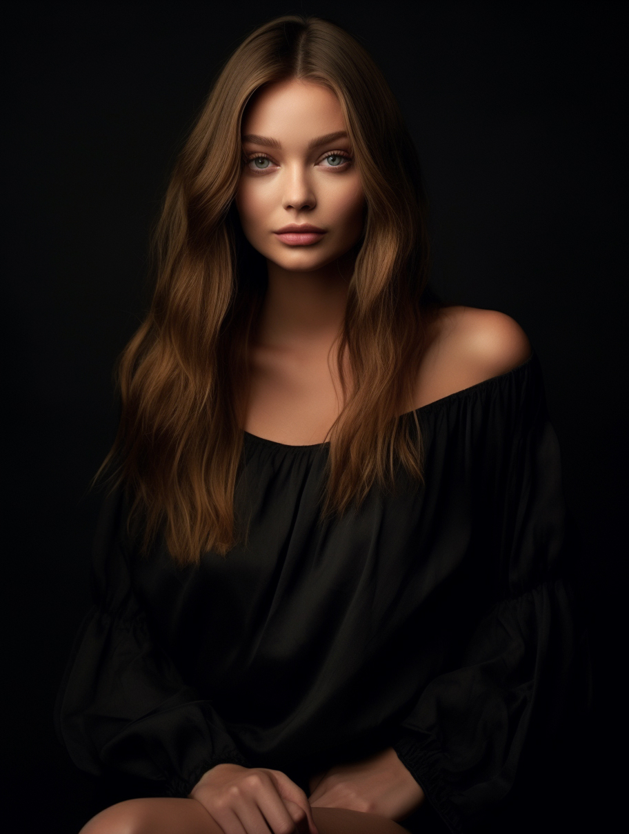 Midjourney prompt: a woman in a black top posing for a pi...