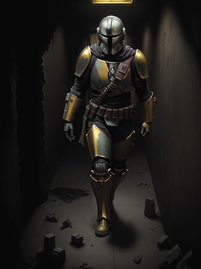 DreamShaper prompt: A haunting scene of a mandalorian wit...