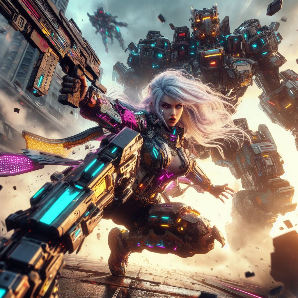 DALL·E prompt: urbanpunk, low angle shot, a pretty cyborg...