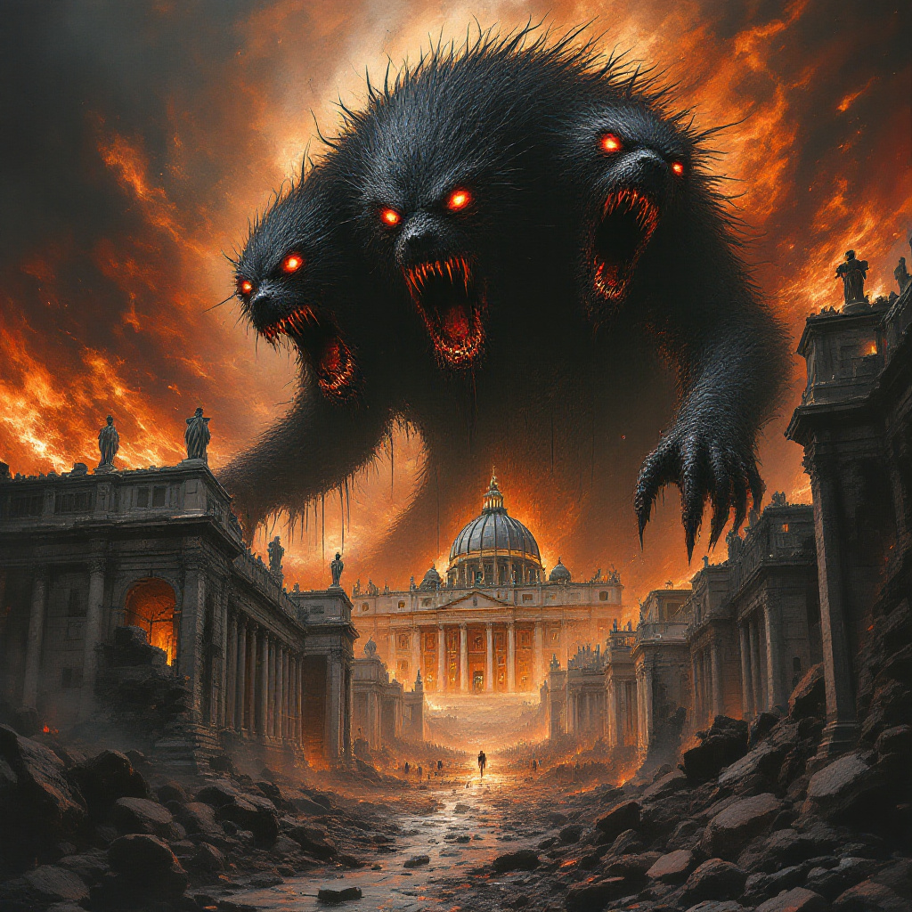 FLUX prompt: A towering, nightmarish Cerberus-like monste...