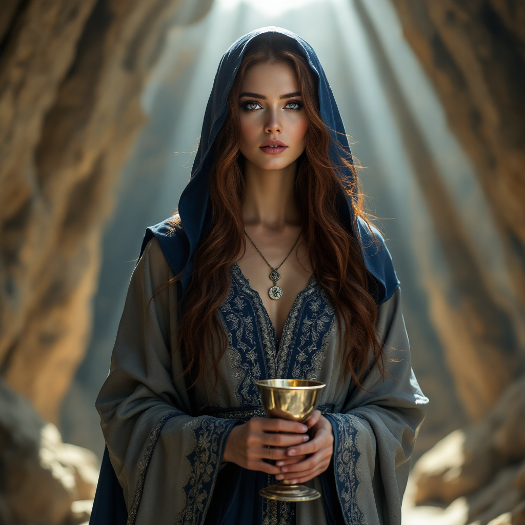 FLUX prompt: A mysterious woman with long, flowing, dark ...