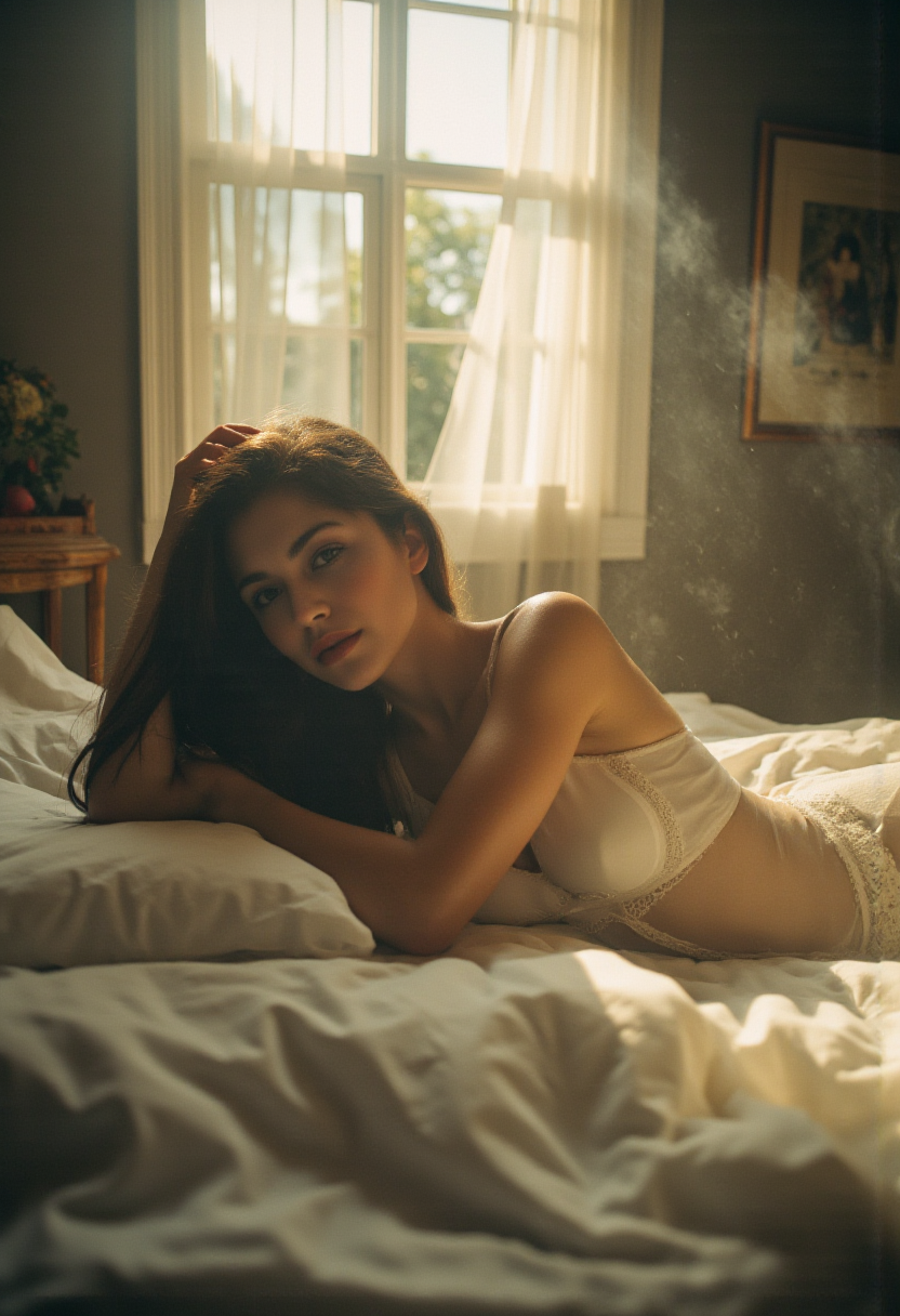 FLUX prompt: A petite woman with long black hair and bang...