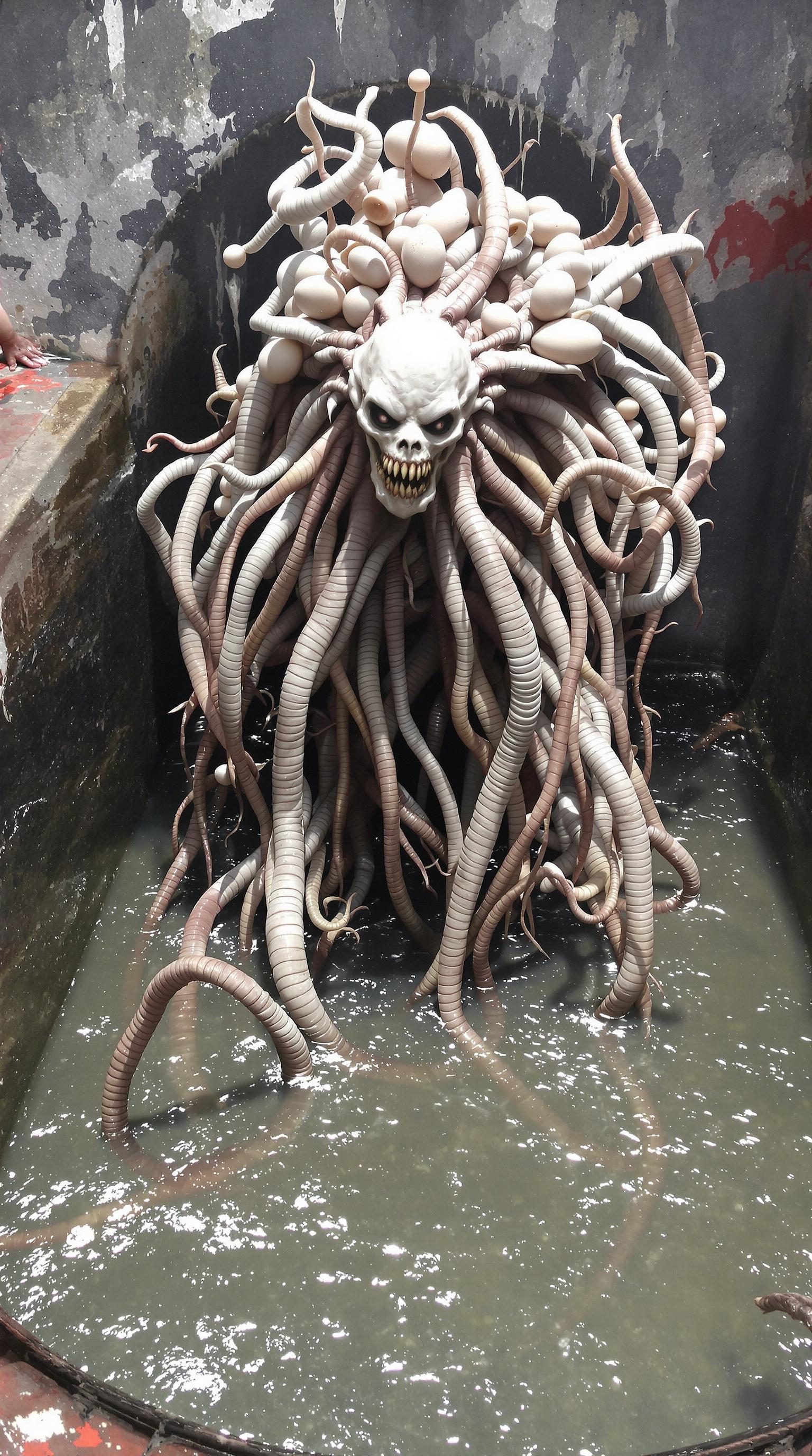 FLUX prompt: A grotesque surrounded by people in front of gate...