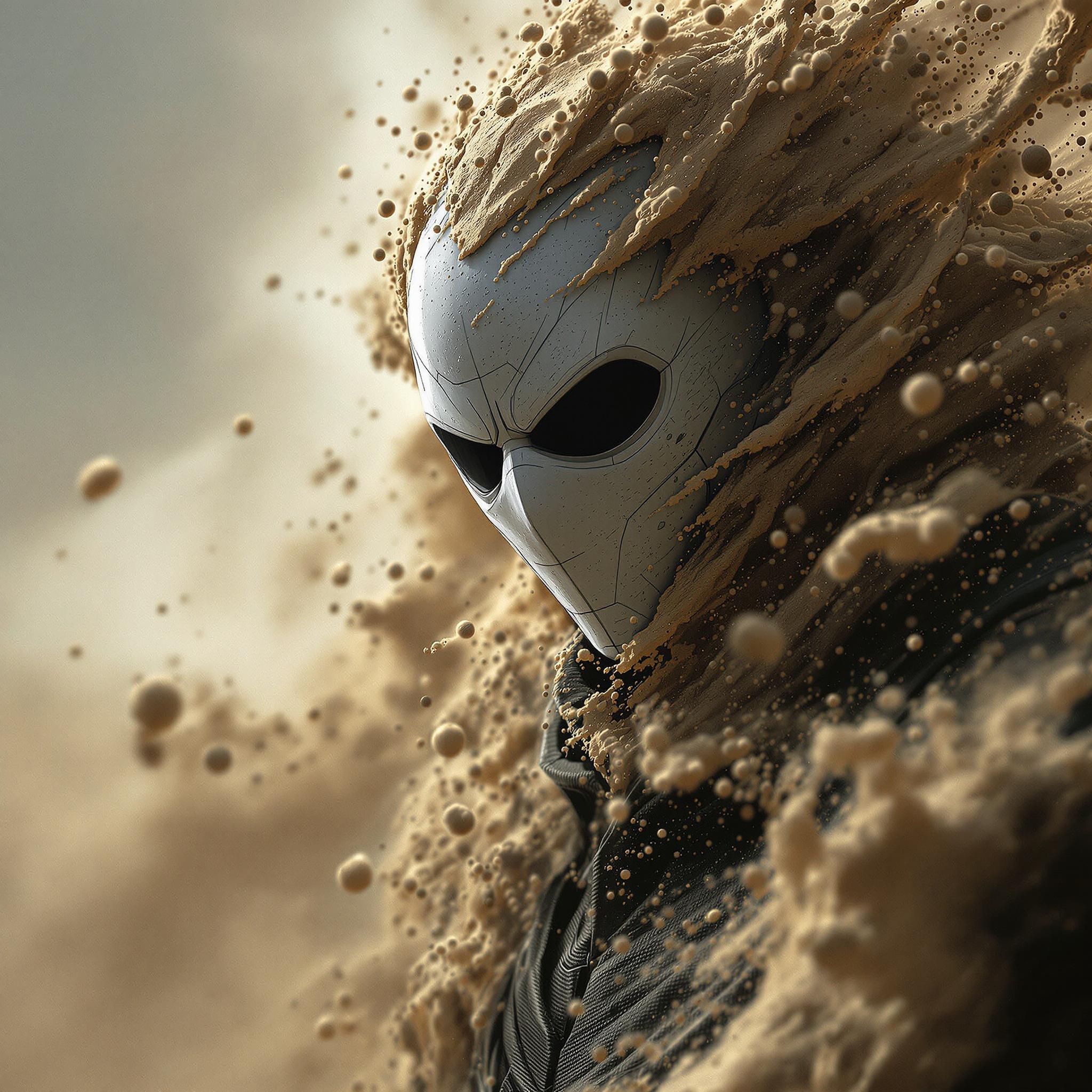 FLUX prompt: Moon Knight dissolving into swirling sand, u...