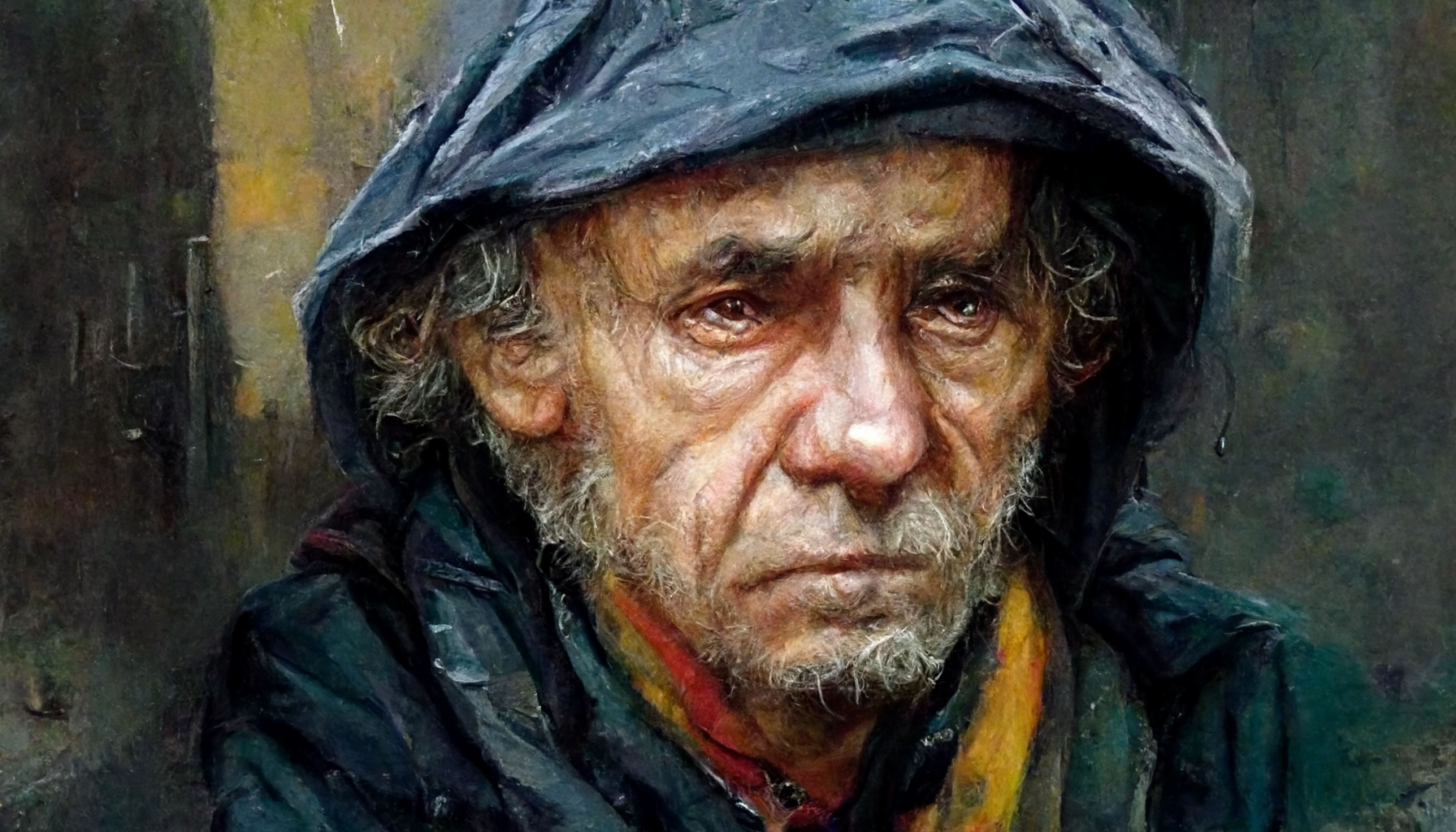 Midjourney prompt: poor homeless beggar in ragged clothes...