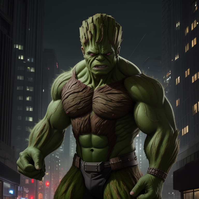 DreamShaper prompt: hulk with full groot costume, reddish...