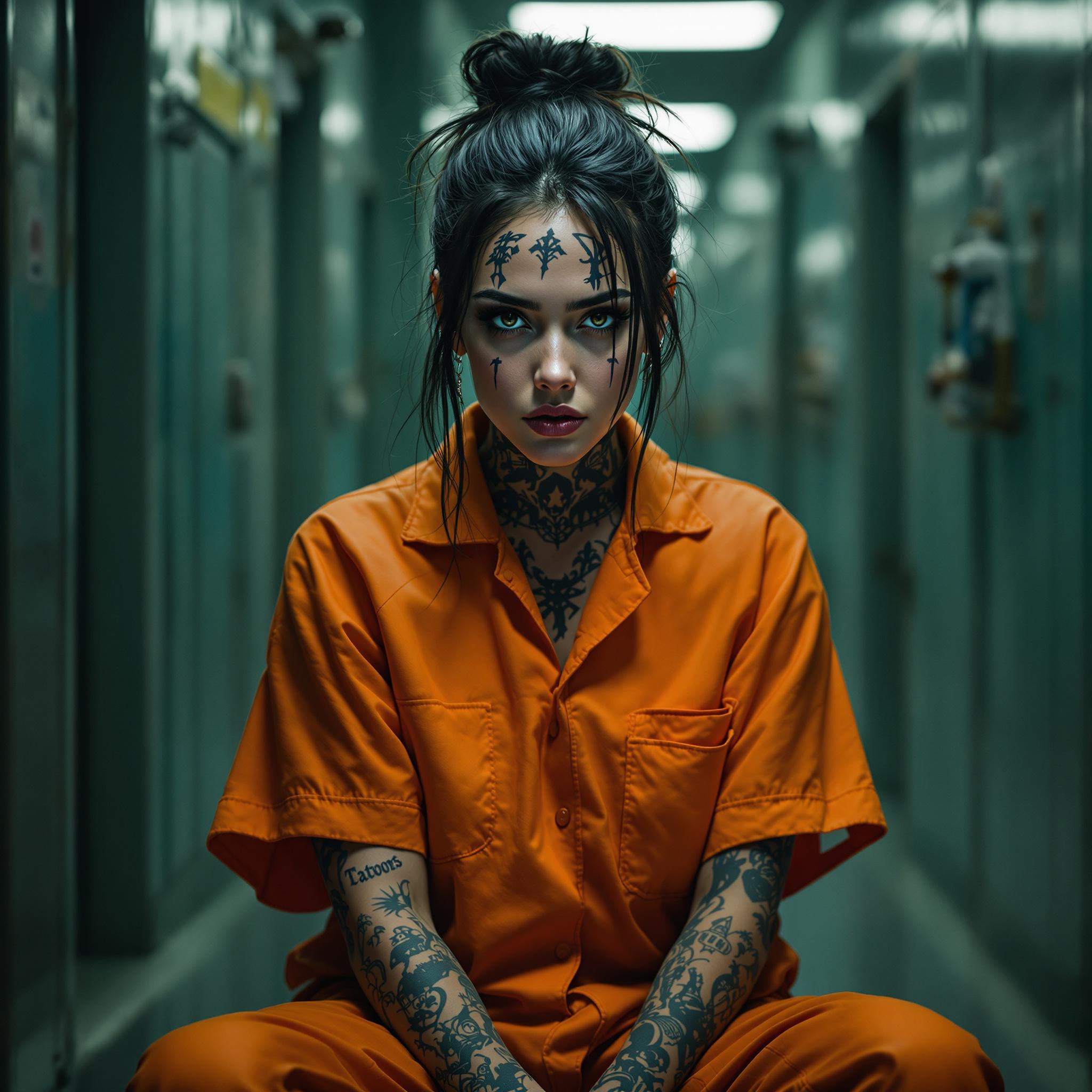 FLUX prompt: female prisoner, prison, orange suit, cell,