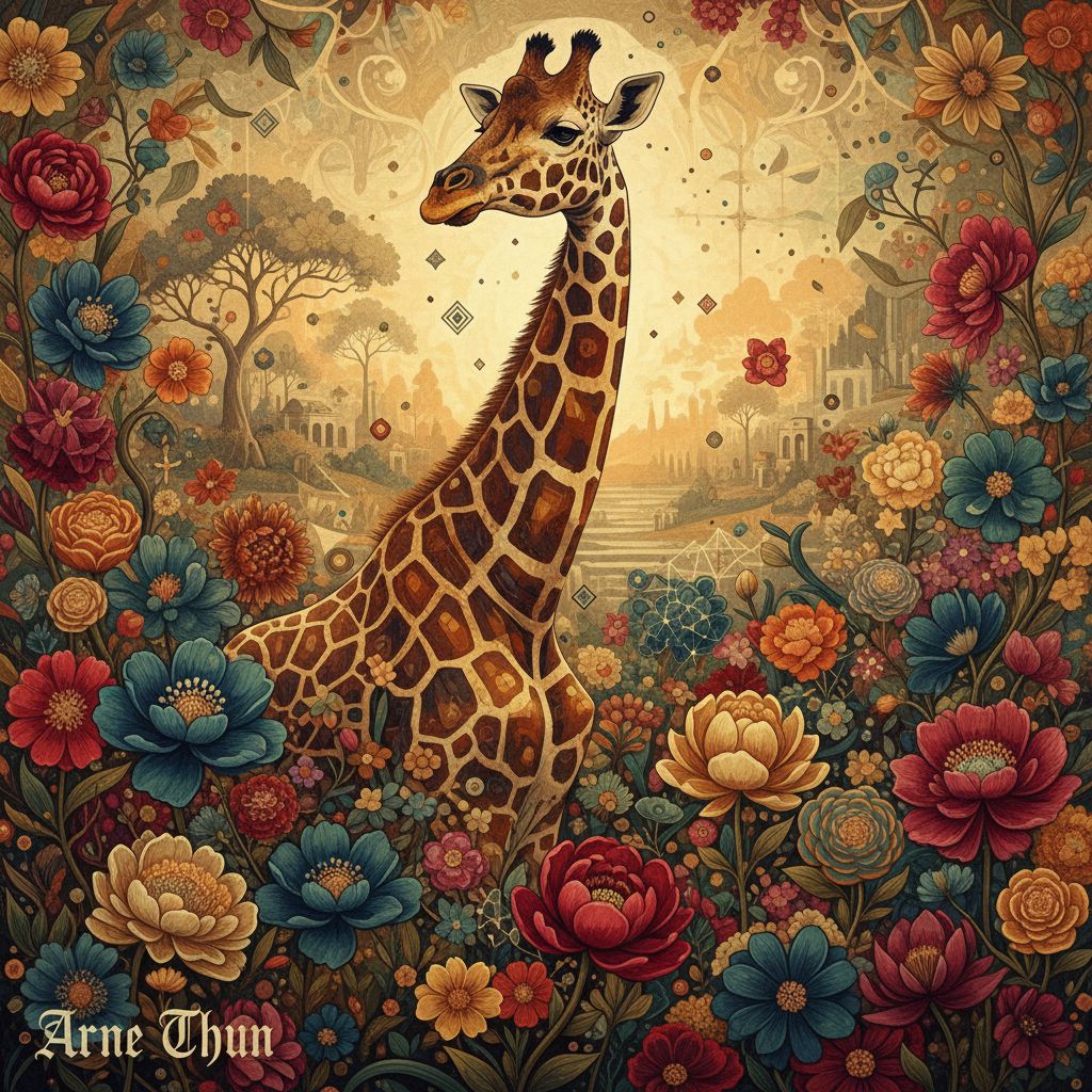 Nano Banana prompt: giraffe in flowers by artist arne thu...