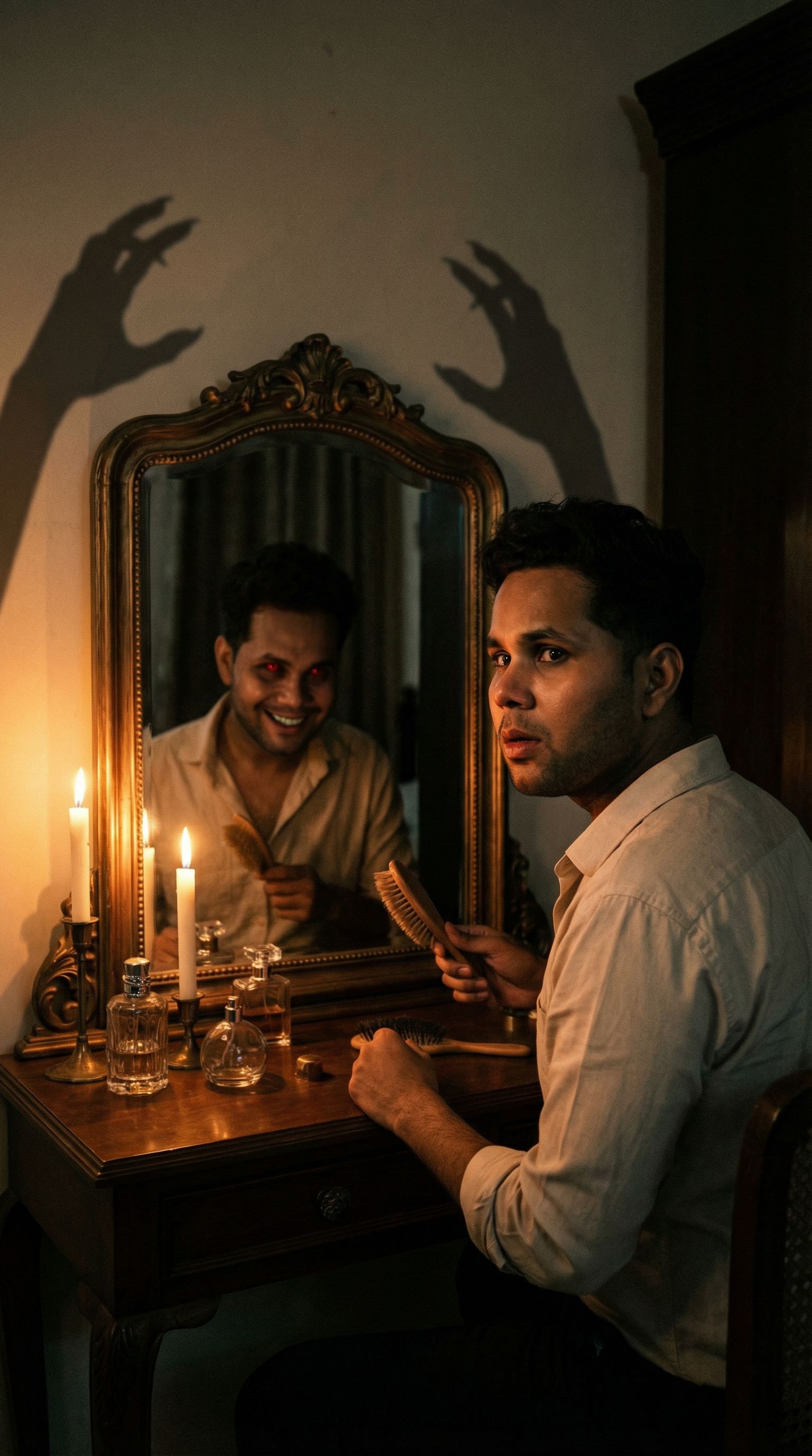 Nano Banana prompt: { "title": "Mirror_Reflection_Horr...