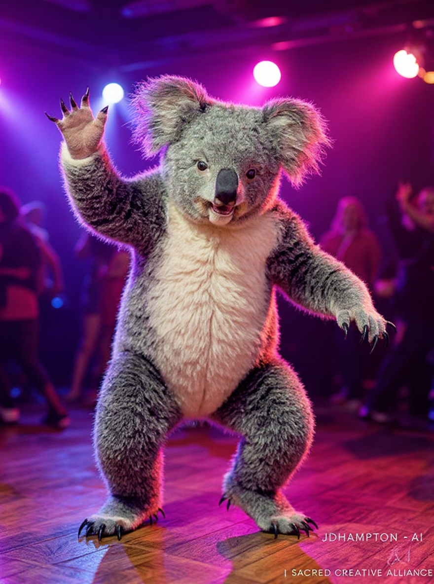FLUX prompt: Tap dancing flat out Australian Kola Bear co...