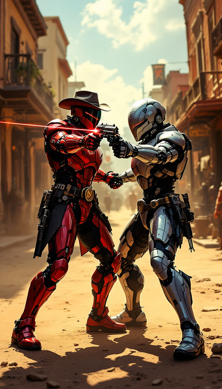 FLUX prompt: A duel at high noon in the 'Cybernetic Wild ...