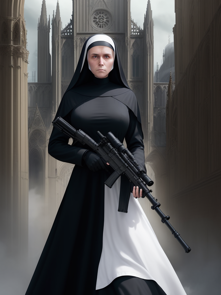 DreamShaper prompt: nuns with guns, a beautiful nun holdi...