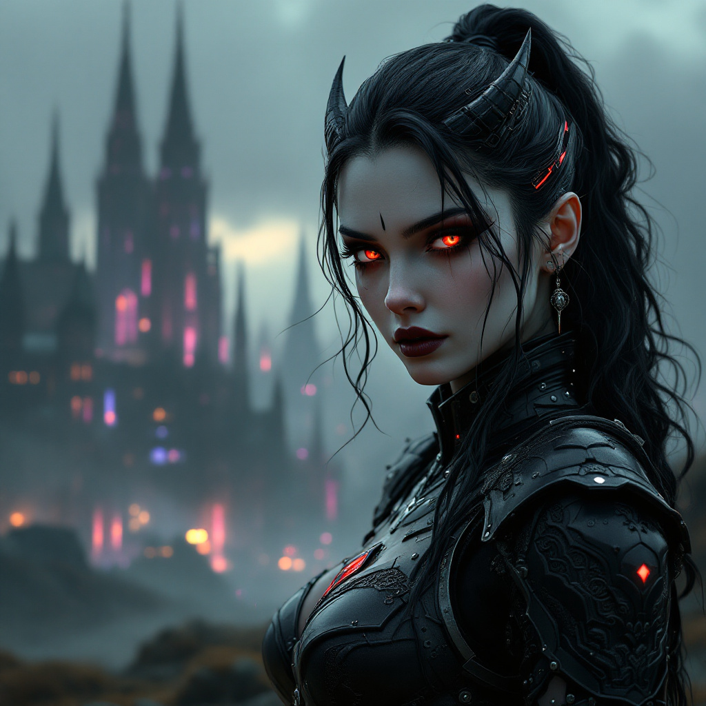 FLUX prompt: A striking fantasy gothic-cyberpunk woman wi...