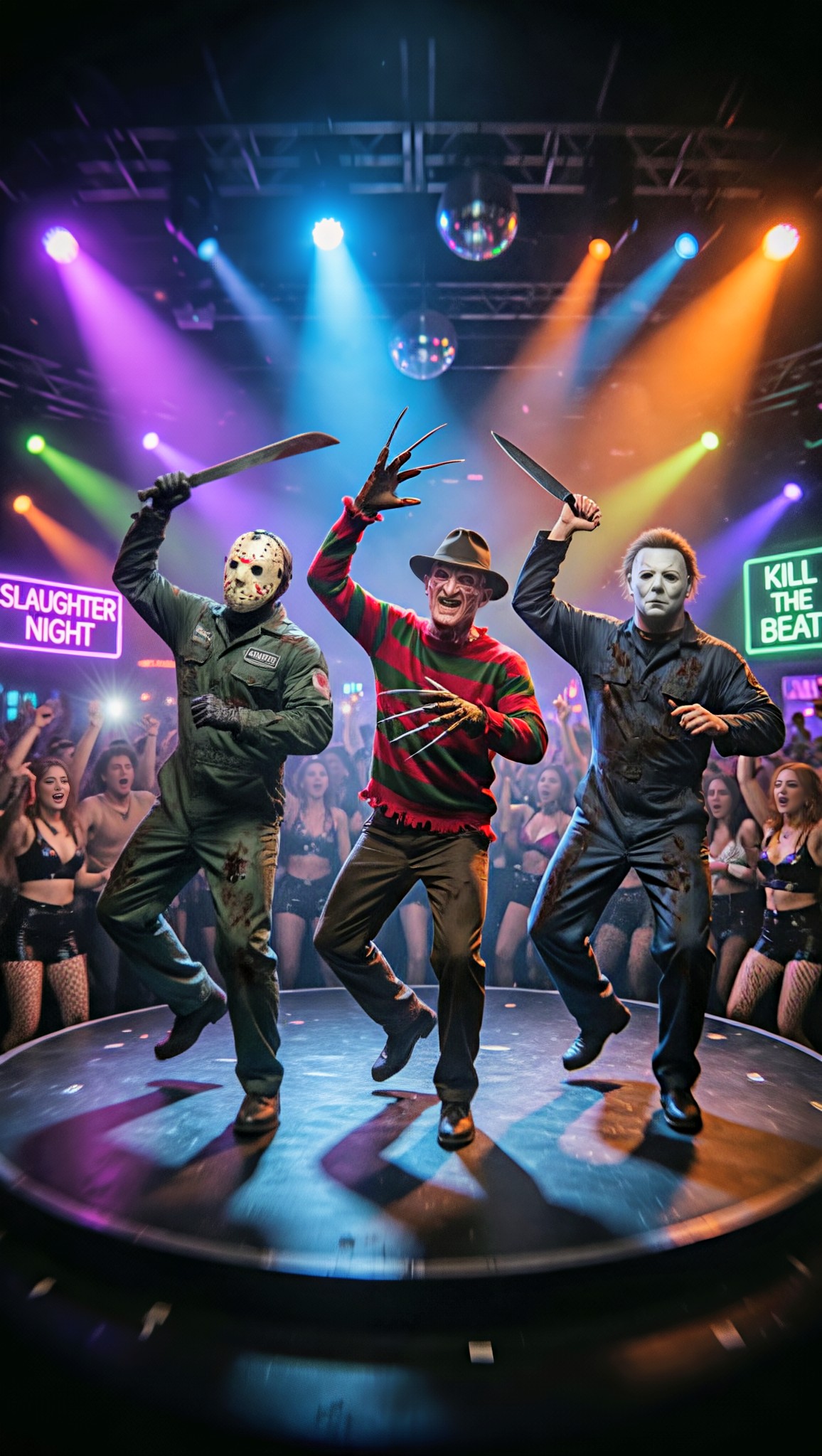 "Three iconic horror movie slashers dancing energe...