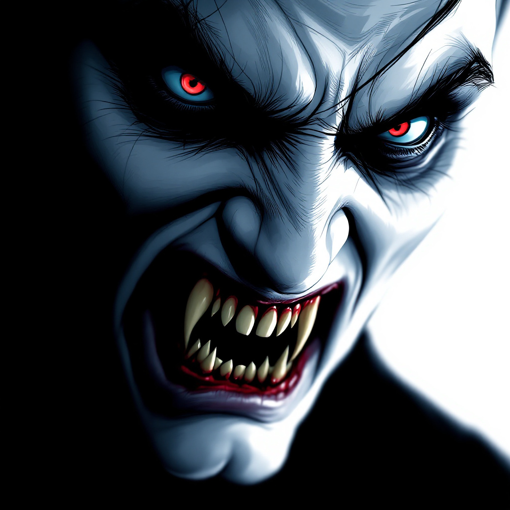 FLUX prompt: A close-up of a vampires face. The design is...