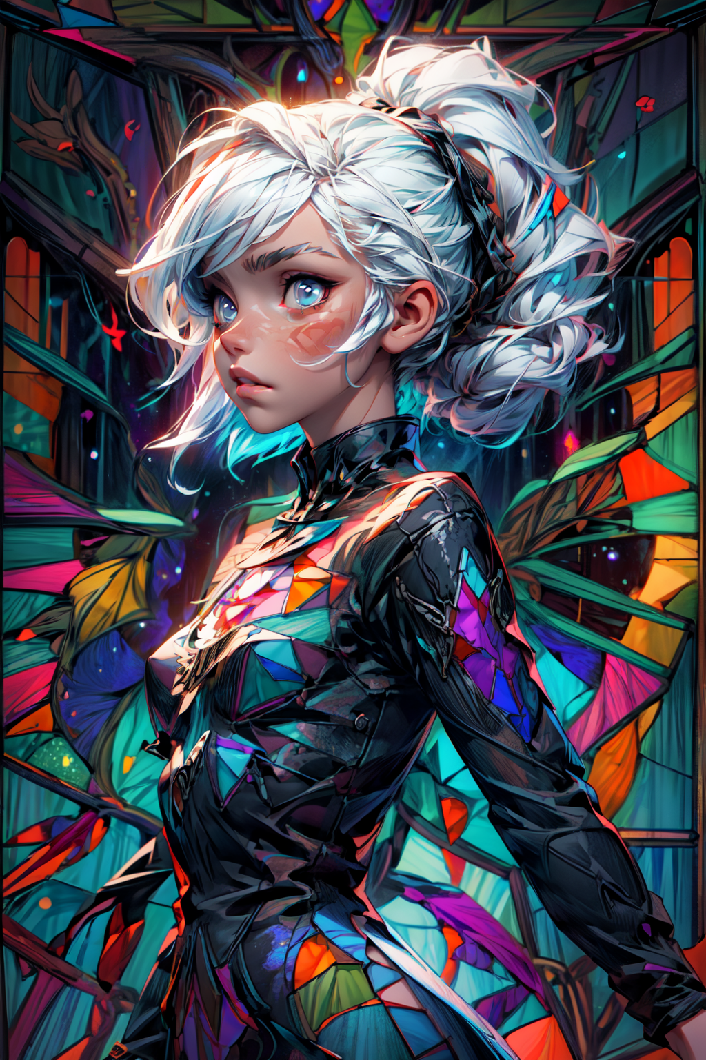 Stable Diffusion prompt: (stained glass dress:1.5), black...