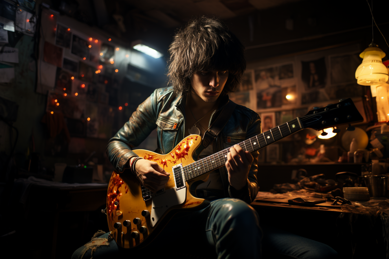 Midjourney prompt: Hyper-realistic portrait of a 60's roc...