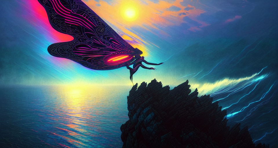Stable Diffusion prompt: psychedelic tron wings in front ...