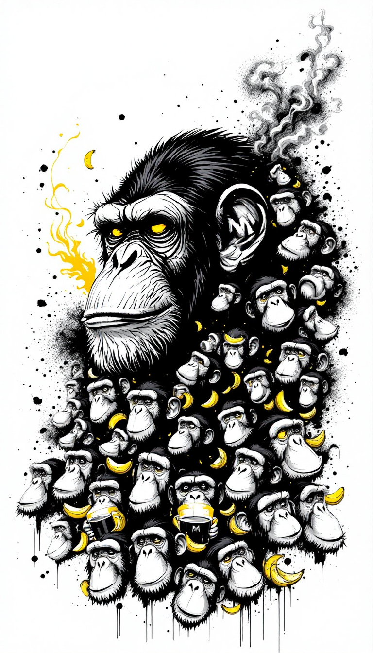 FLUX prompt: An intricate and mainly black, white, yellow...