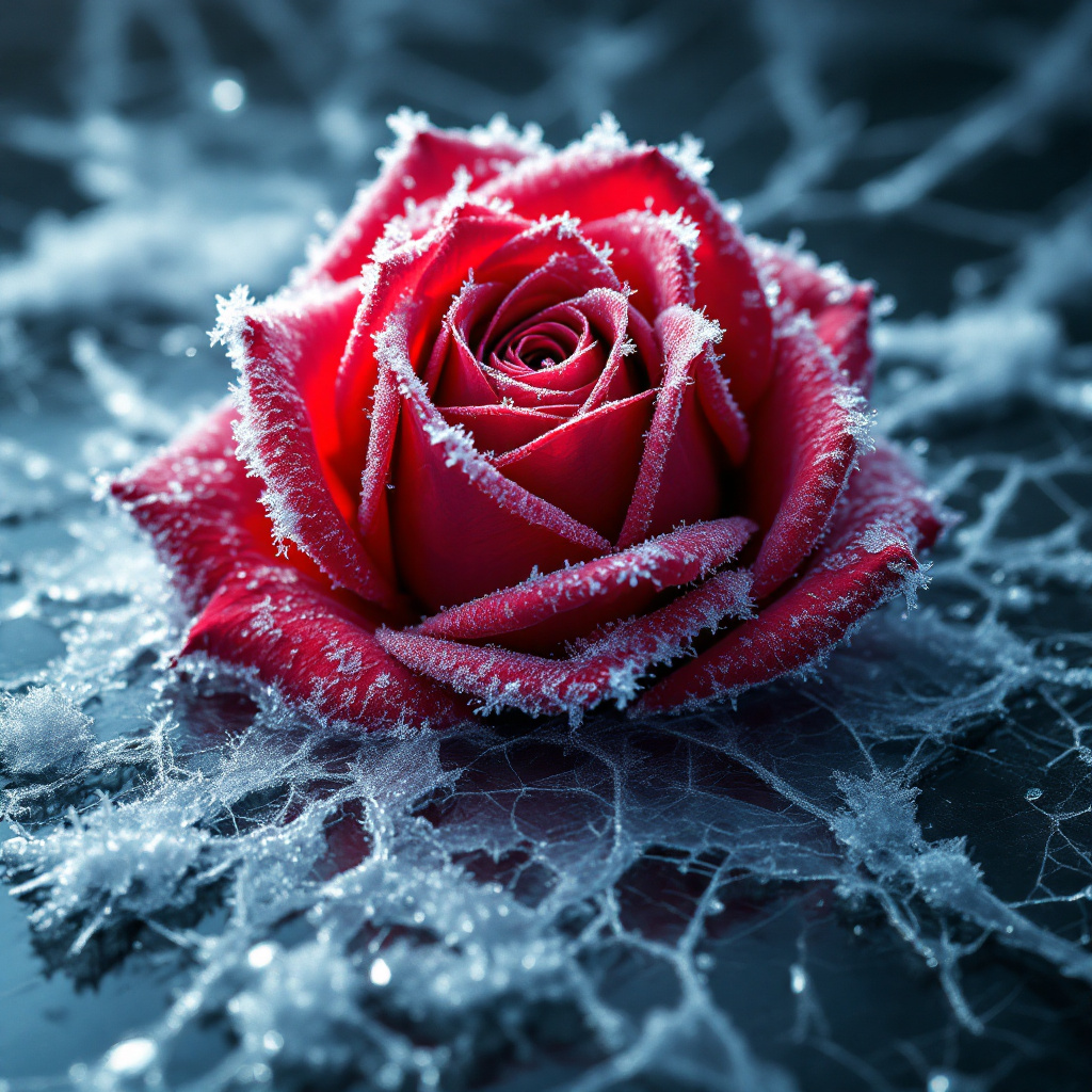 FLUX prompt: close-up photo of a beautiful red rose froze...
