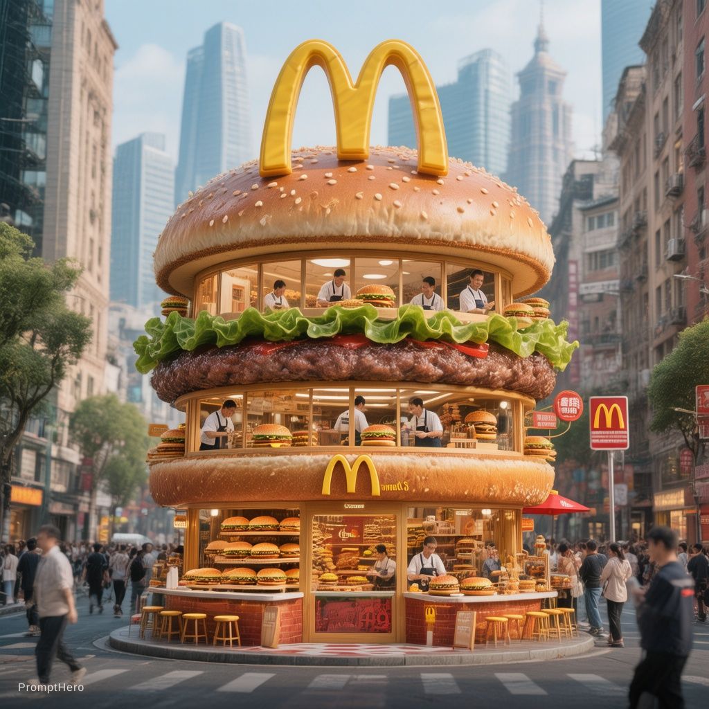 Hero prompt: A realistic giant hamburger-shaped multi-lev...