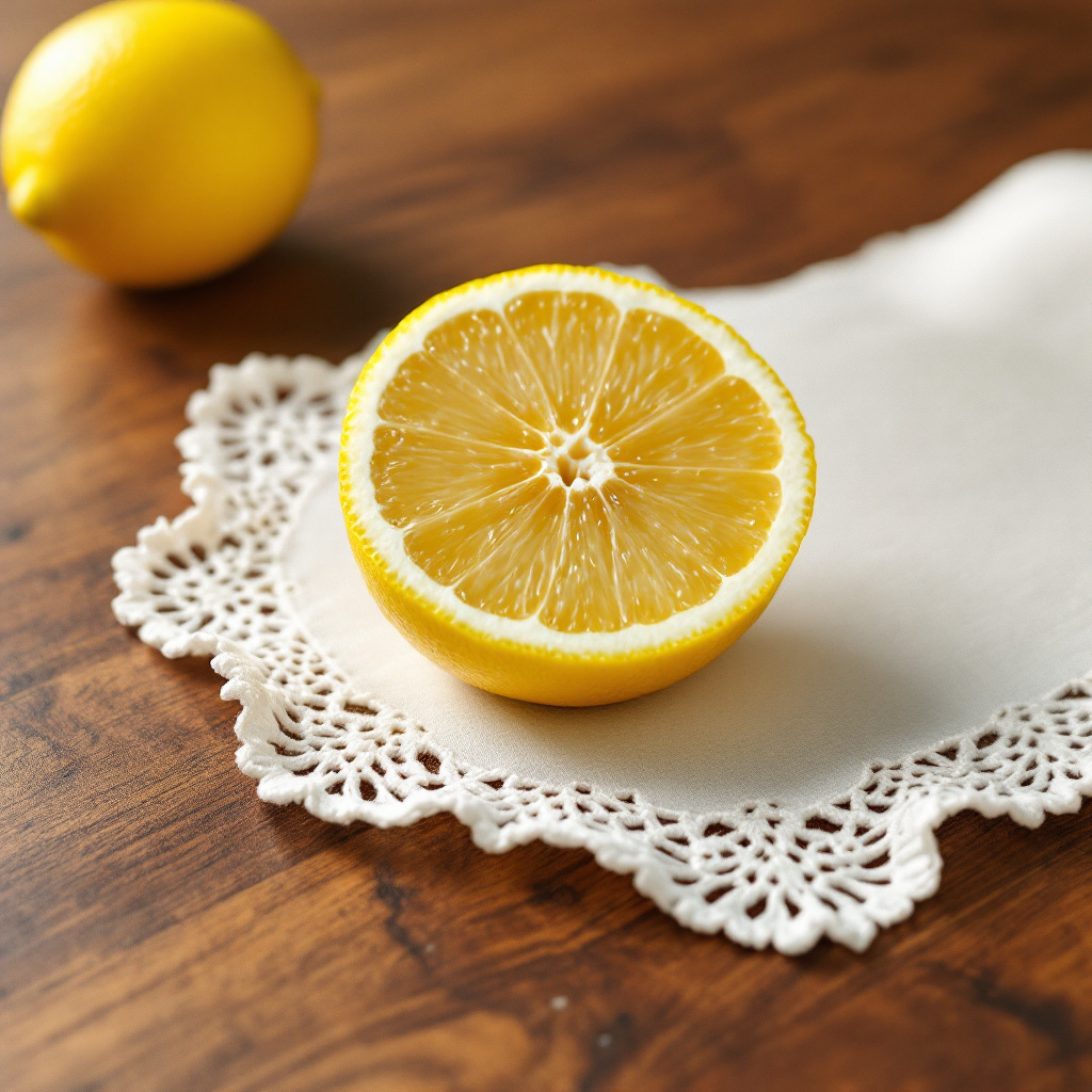 FLUX prompt: hyper realistic sliced lemon on a chalk whit...