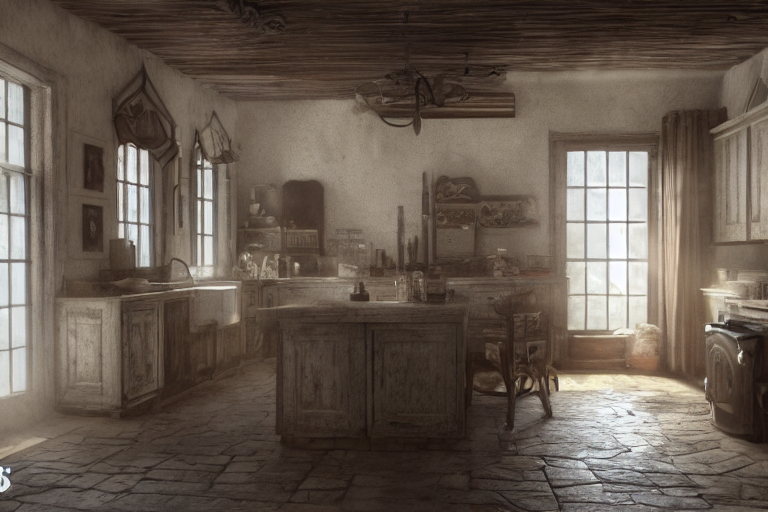 Stable Diffusion prompt: 1 700's kitchen l : : close shot...
