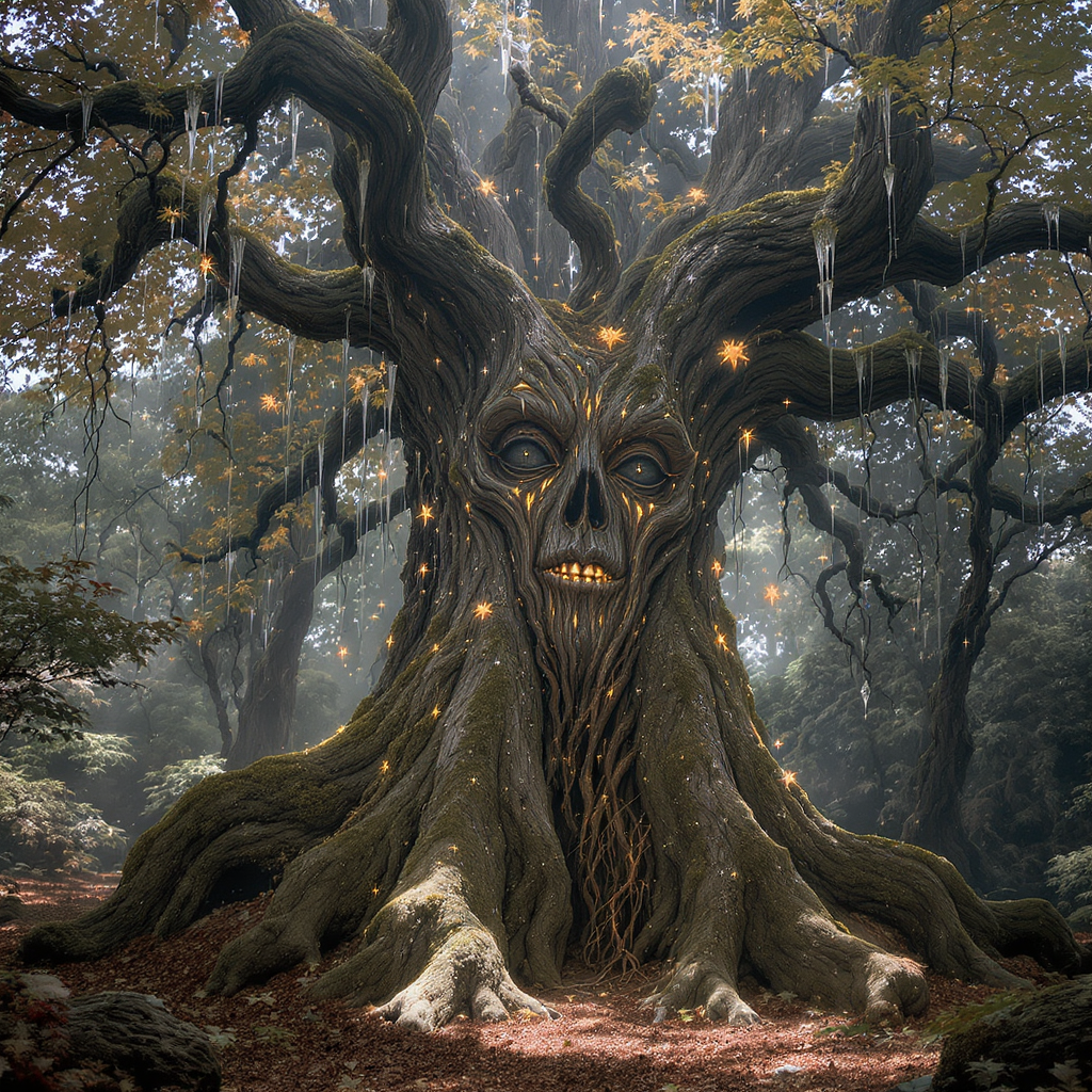 FLUX prompt: an ancient tree spirit, made of gnarled wood...