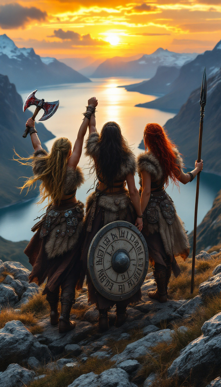 FLUX prompt: Three Viking women standing triumphantly ato...