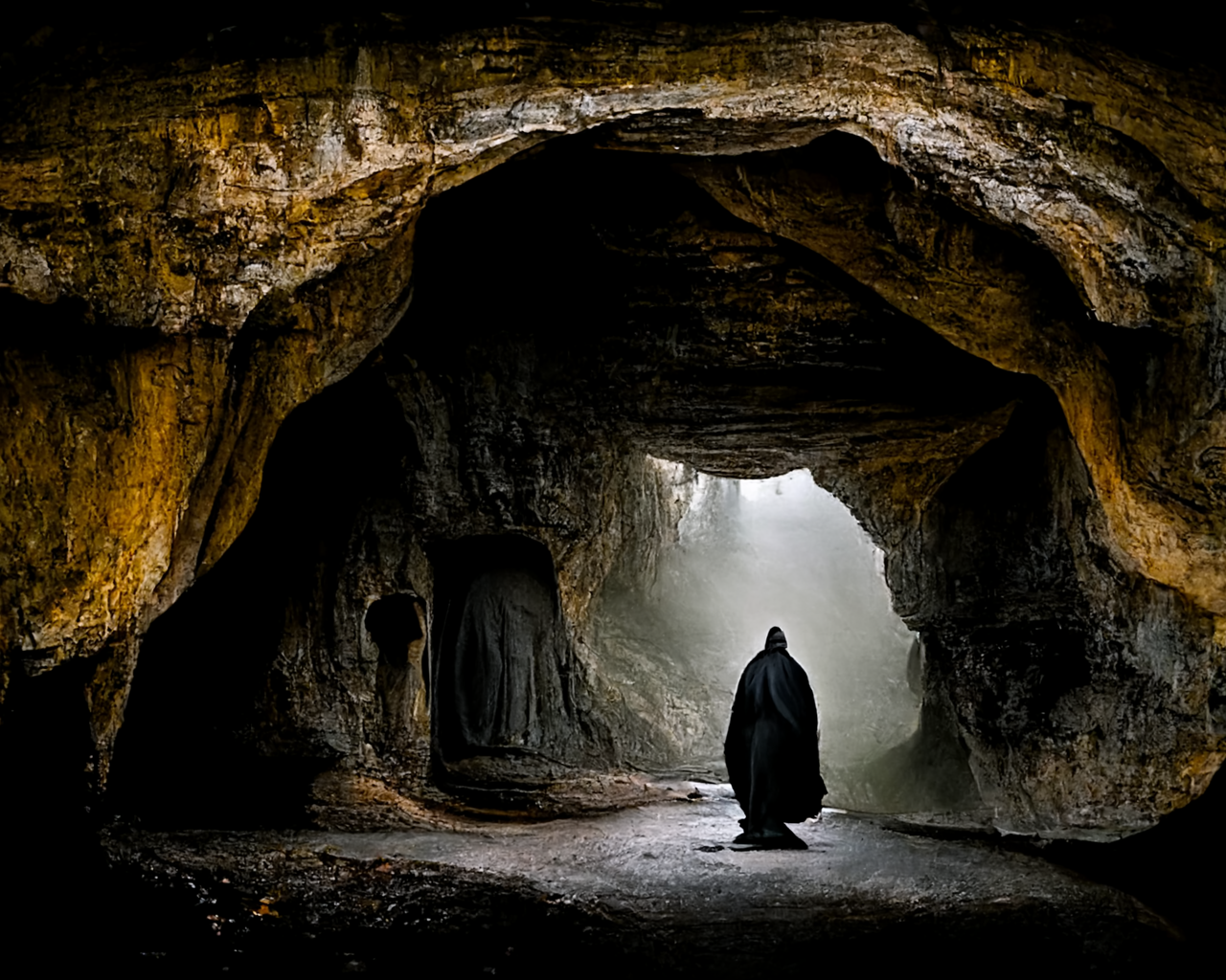 Midjourney prompt: --iw 0.95 :: hooded monk standing in t...