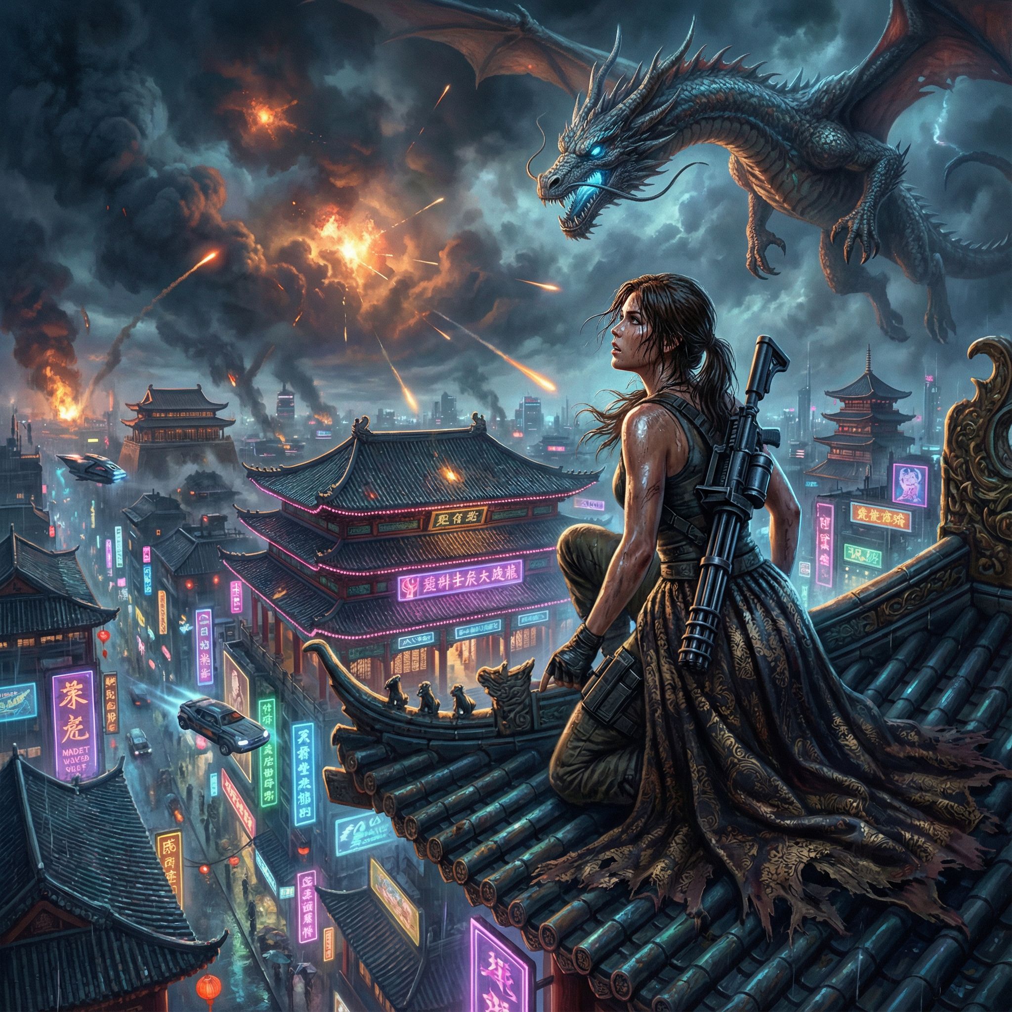 Nano Banana prompt: Lara Croft at modern cyberpunk fantas...